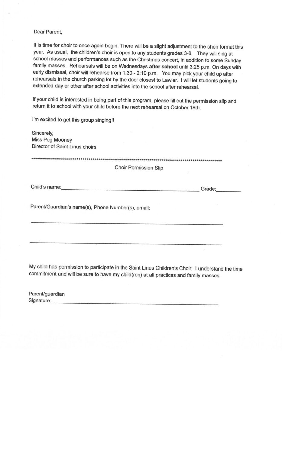 Choir Schedule and Permission Slip – St. Linus School