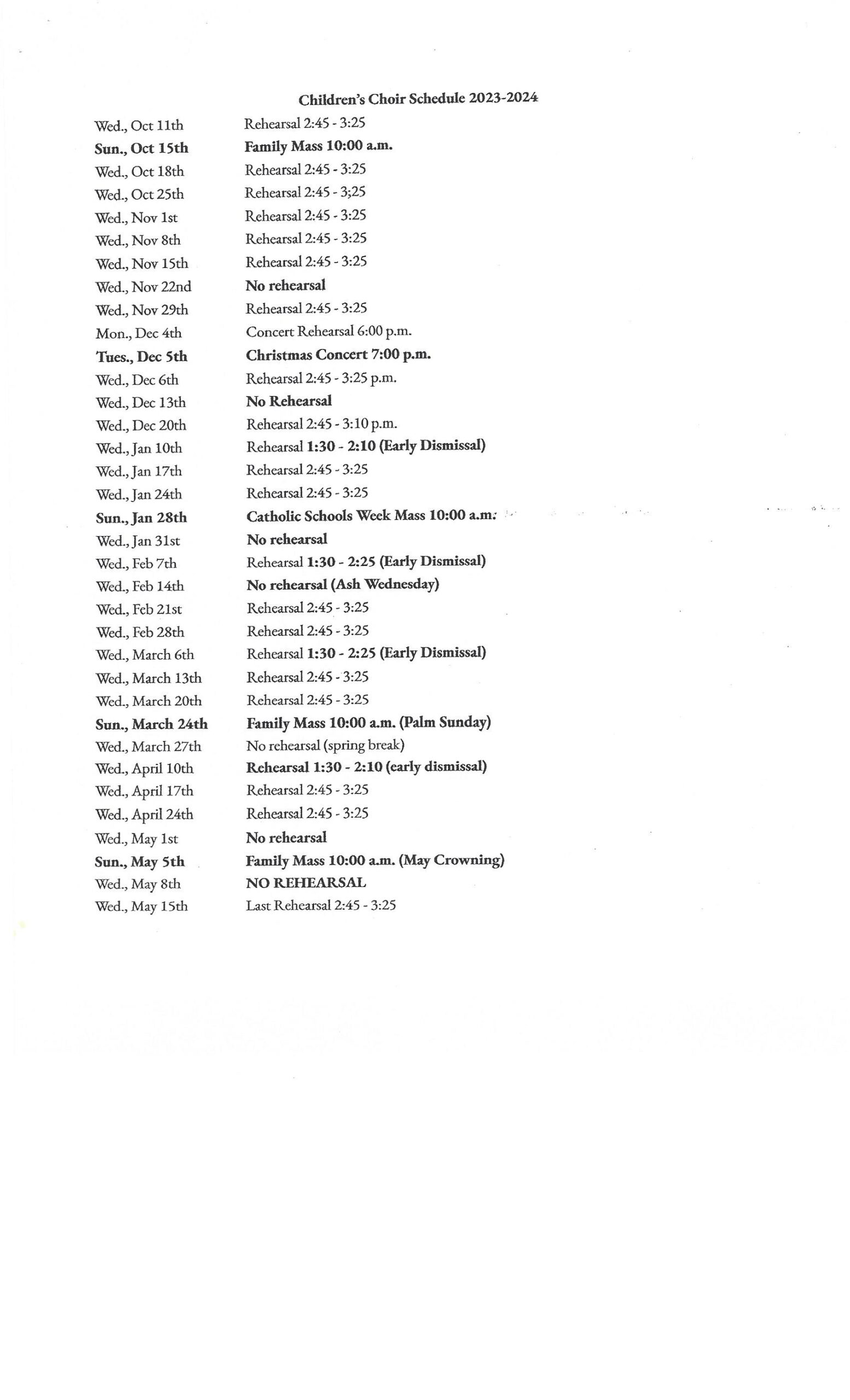 Choir Schedule and Permission Slip – St. Linus School